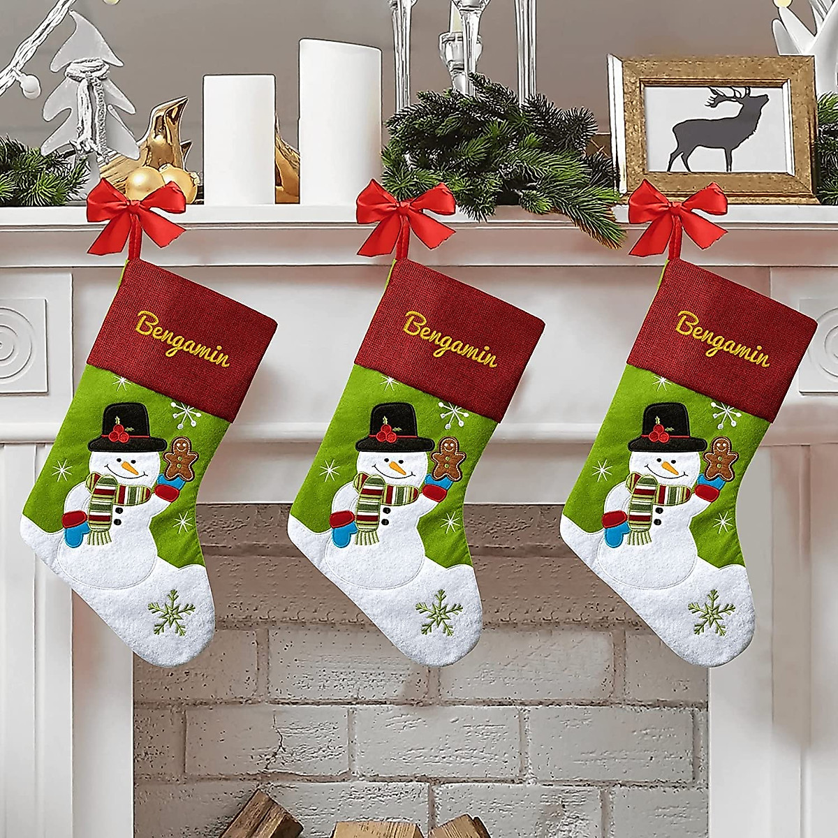 MBETA Personalized Christmas Stockings Embroidered Custom Name Xmas Hanging Stocking for Christmas Tree Fireplace, Holiday Home Decor, Christmas Stockings with Santa, Snowman, Elk, for Home Party Deco