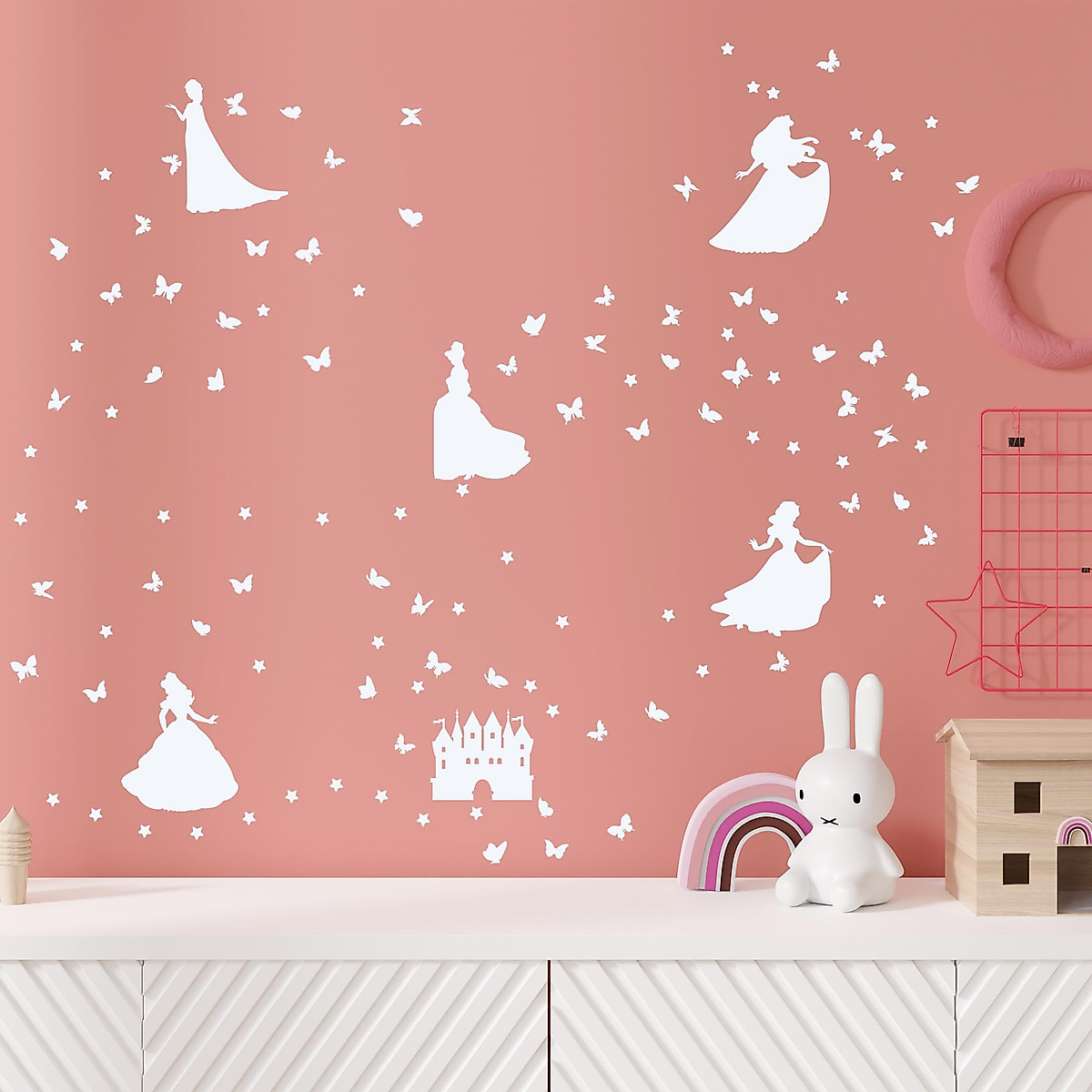 Glow in The Dark Princess Castle Wall Sticker, Self-Adhesive Star Butterfly Wall Decal for Girl's Room, Fluorescent Sticker for Ceiling Nursery (Blue)