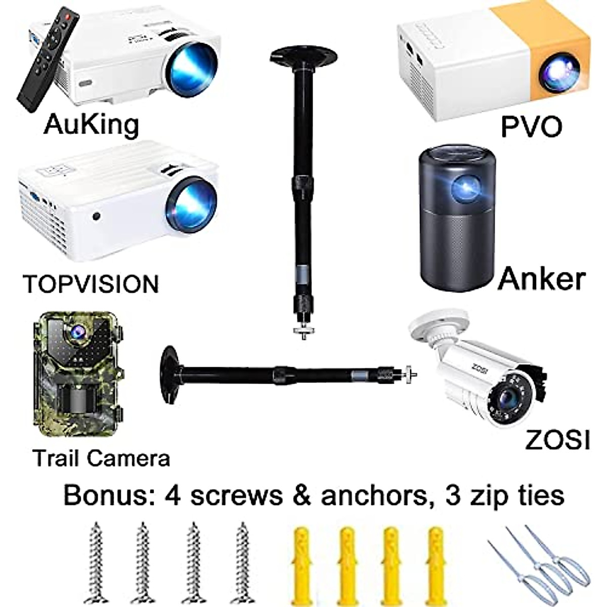 Universal Projector Mount Projector Ceiling Mount 12-17 in Adjustable Height 360° Rotation Stainless Aluminium Alloy Cable Management Projector Wall Mount for Mini Projector Video CCTV DVR Camera