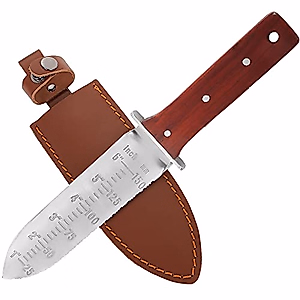 Hori Hori Garden Soil Knife Heavy Duty Weeding, Digging and Gardening Tools with 7 inch Double Edge Sharp Japanese Blade Leather Sheath, Full Tang Wood Handle Manual Sod Cutter