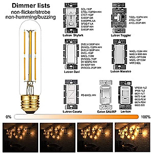 LiteHistory Dimmable E26 Edison Bulb, AC120V Warm White 2700K Light Bulbs, 6W Equal 60 watt 600LM Tubular T10 led for Rustic Pendant,Chandeliers,Wall sconces,Vanity 6Pack