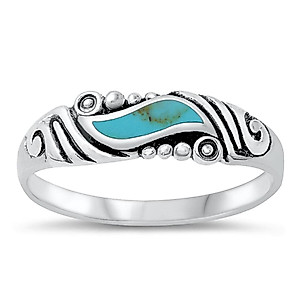 Women's Wave Simulated Turquoise Cute Vintage Ring New 925 Sterling Silver Band Size 8