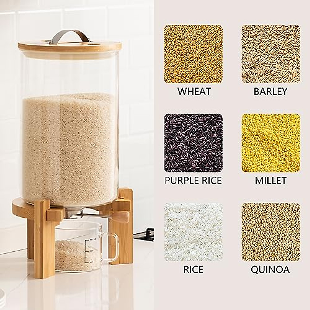 HBlife Glass Rice Dispenser with Wooden Stand Flour and Cereal Container with Glass Measuring Cup Pantry Food Organization Storage Bin with Airtight Bamboo Lid, 8L