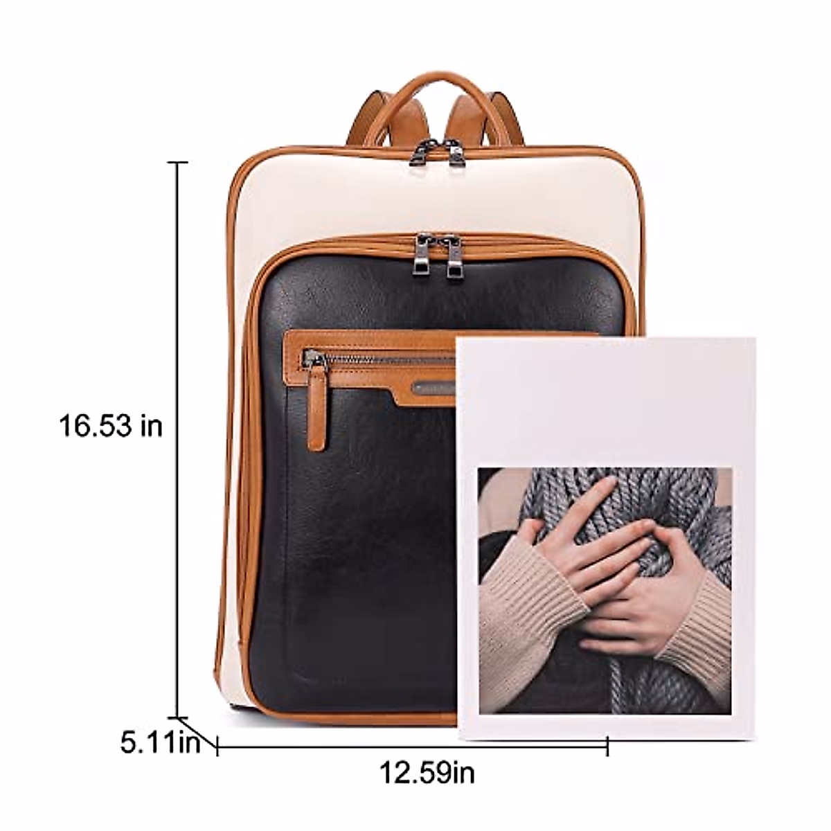 CLUCI Leather Laptop Backpack for Women 15.6 inch Computer Backpack Travel Business Work Large Daypack Off-white with brown and black