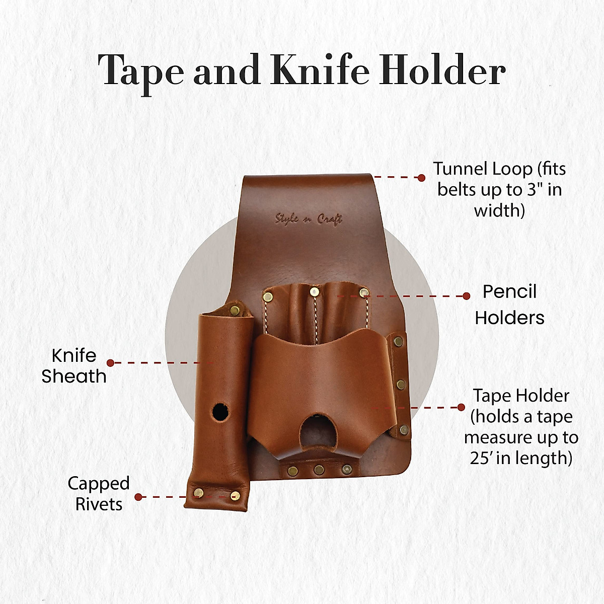 Style n Craft Tape and Knife Holder, Full-Grain Leather Tool Holder with Tape Holder, Knife Sheath, and Pencil Holder, Dark Tan (98015)