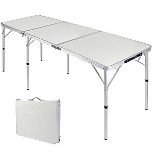 RedSwing Tri-fold 6ft Folding Table, Aluminum Outdoor Table with Adjustable Heights Legs, Portable Lightweight Camping Table for Picnic, Party, Beach, 72"x24", White