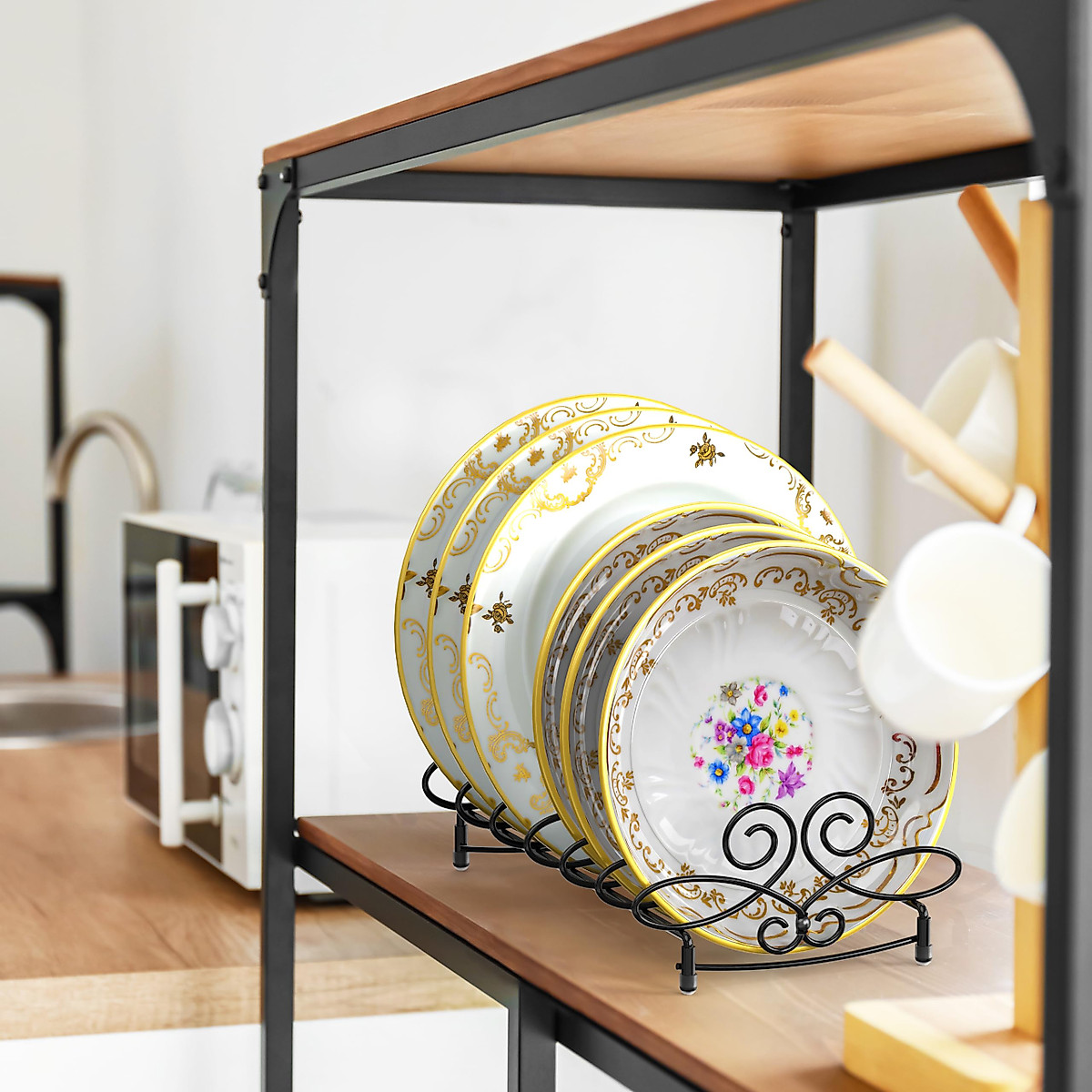 Simple Houseware Vertical Plate Stand Holder Dish Rack Dinnerware Organizer with Elegant Wire Design, 6-Compartment, Black