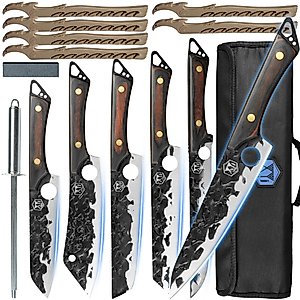 XYJ FULL TANG Camping Kitchen Knives Set With Knife Holder&Chef's Bag&Sharpener Rod 7 7.5 8 9 Inch Slicing Knife For Meat Vegetable Knives Block Set (Large Texture)