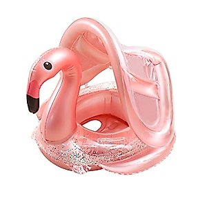 Ekoropshop Baby Pool Float with Canopy Inflatable Flamingo Swimming Pool Float Swimming Ring with Safety Seat for Kid 4-48 Months