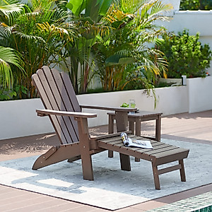 EFURDEN Adirondack Chair with Retractable Ottoman, Folding Adirondack Chair with Footrest, All Weather Poly Lumber Fire Pit Chair with Ottoman, All Weather Chair for Outdoor Brown