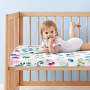 HOMRITAR Crib Sheet for Girls, Super Soft Jersey Knit Crib Sheet with Floral Design Fitted Standard Crib and Toddle Mattresses, 28"x 52"x 9'' Silky Baby Sheet, Bluch Watercolor