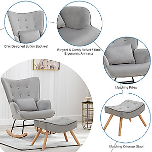 Artechworks Modern Velvet Rocking Chair, Glider Chair with Ottoman Cushion, Nursery Mid Century Upholstered Tufted Chair Rocking Armchair Rocker Accent Chair for Livingroom, Balcony, Grey