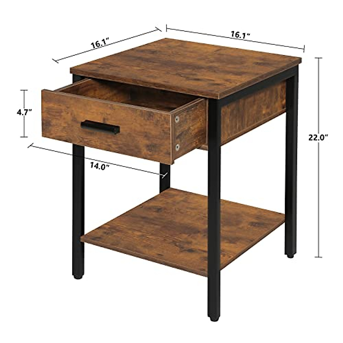 Iwell Nightstands Set of 2, End Table, Side Table, Bedside Table with Drawer and Storage Shelf for Bedroom, Small Space, Easy Assembly, Steel, Industrial Design, Rustic Brown
