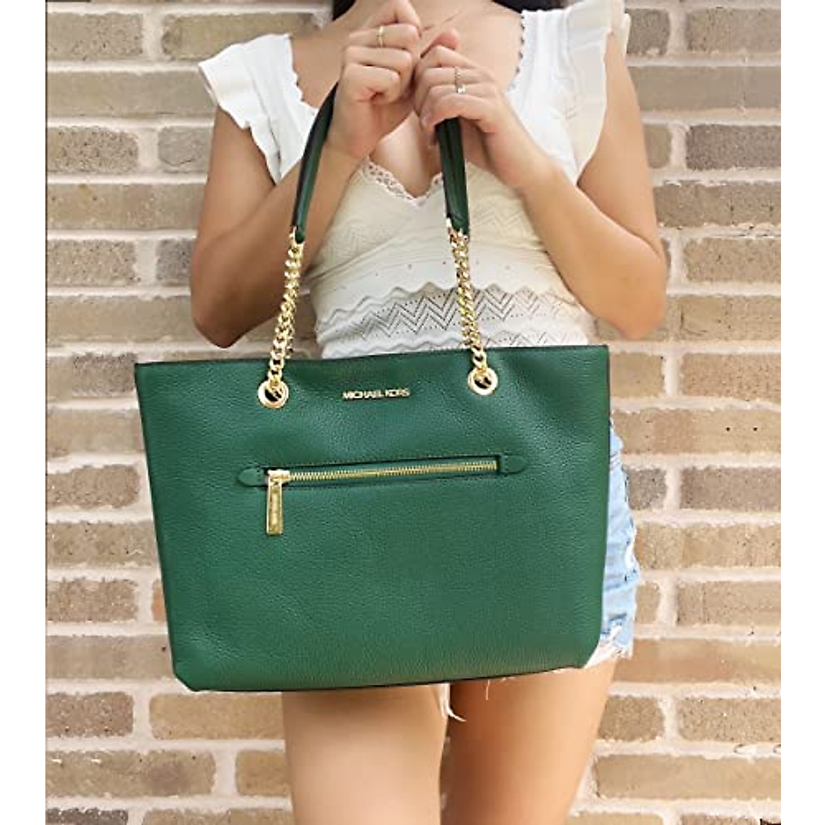 Michael Kors Jet Set Medium Front Pocket Chain Top Zip Tote Jewel Green