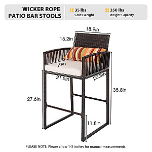 Sundale Outdoor Wicker Bar Stools, Patio Counter Height Brown Rattan Rope Stools with Back Rest, High Chair with Pillow & Beige Cushion, All-Weather Armless Tall Pub Barstool