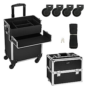 mefeir 3 in 1 Rolling Makeup Train Case, Aluminum Makeup Travel Organizer Cosmetic Case, Cosmetology Display Suitcase on Wheels, Beauty Storage Luggage Lockable w/4 Removable Wheels, Black