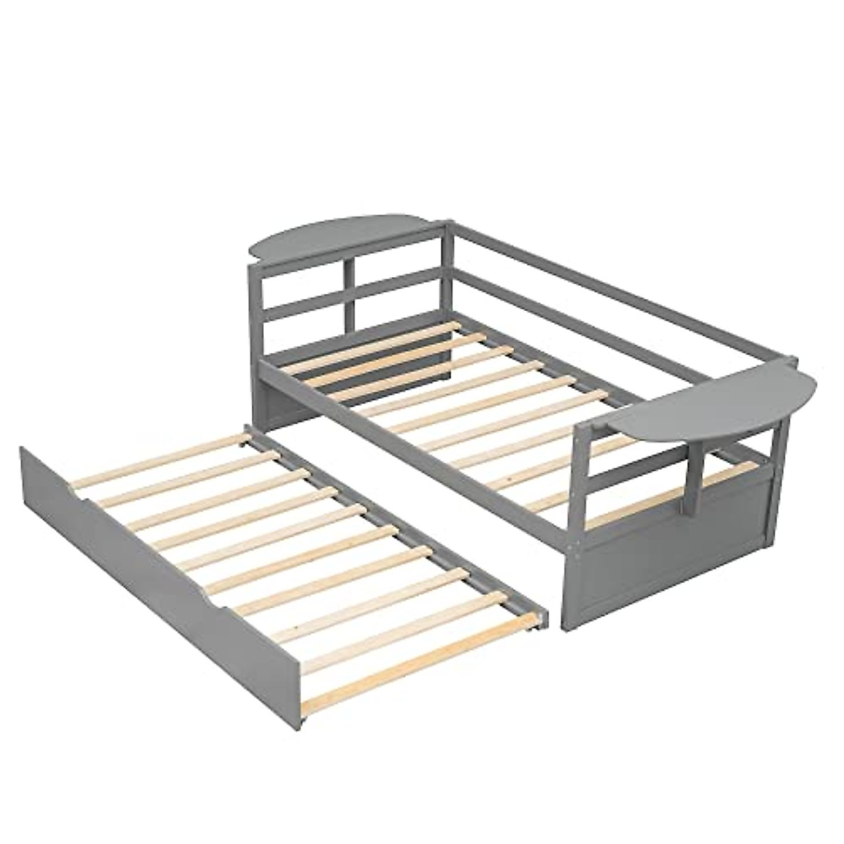 SOFTSEA Twin Daybed with Foldable Shelves, Wood Day Bed Frame with Trundle (Gray)