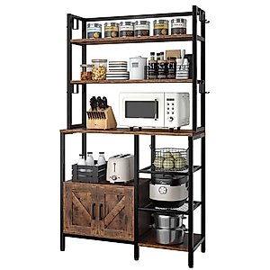 EnHomee 6-Tier Kitchen Bakers Rack with Hutch, Industrial Microwave Oven Stand with Shelves, Utility Storage Shelf with Cabinet & 8 Hooks, Hutch, Rustic Brown