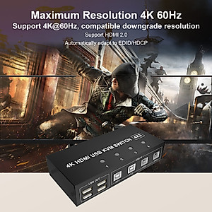 4 Port HDMI KVM Switch Dual Monitor - 4K@60Hz Extended Display 2 Monitors 4 Computers KVM Switch HDMI 4 in 2 Out - Monitor Keyboard Mouse Switcher with 4 USB Cables USB Power Cord Controller