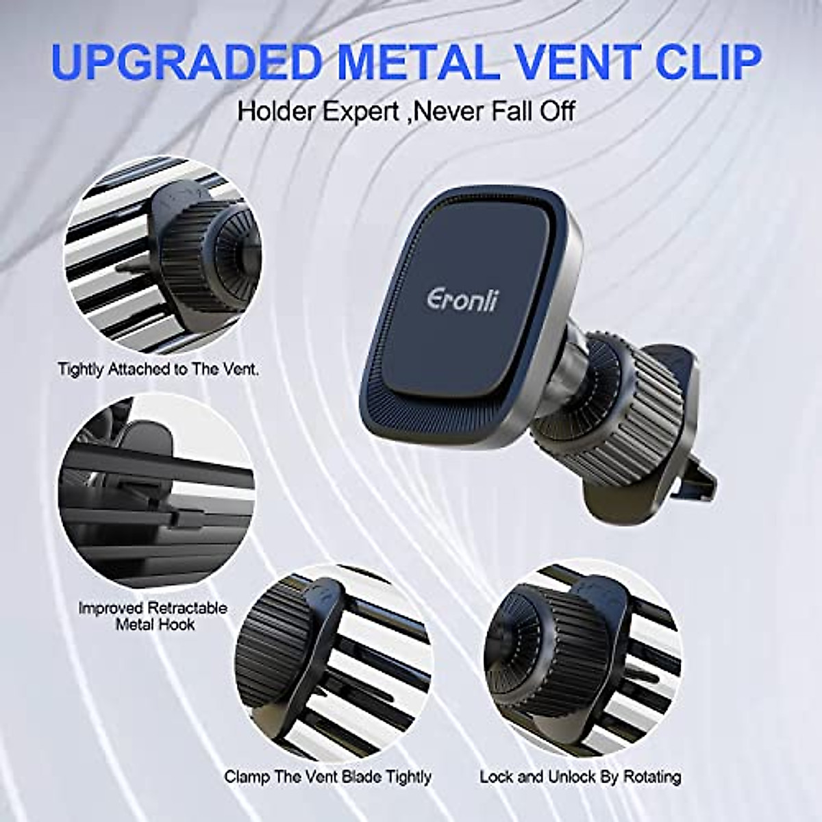 Eronli Magnetic Phone Holder for Car,【Upgraded Metal Hook】 Universal Car Vent Phone Mount with【6 Super Strong Magnets】 Compatible iPhone, Samsung and More Cell Phones