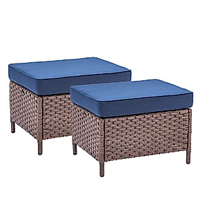 Buenhomino 2 Pieces Outdoor Patio Ottoman - All-Weather Rattan Wicker Footstool with Removable Cushions, Ideal for Patio, Deck, Garden, Porch - Brown/Blue