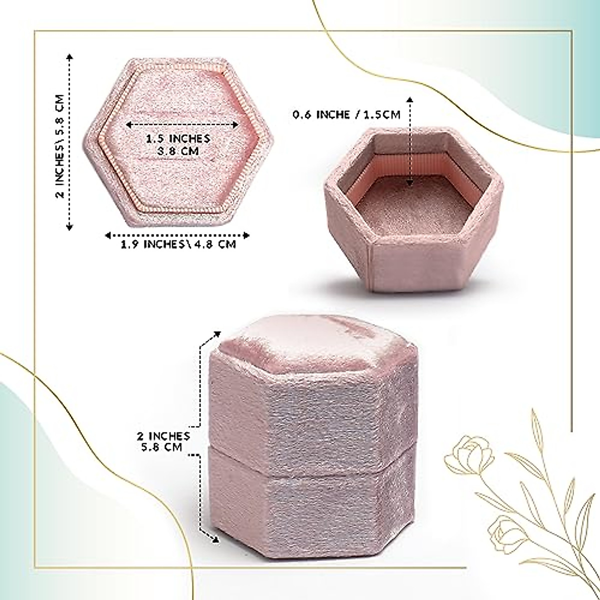 NEUTA Velvet Ring Box - Pink - 2 Slot Exquisite Wedding Ring Bearer Box - Gorgeous Hexagon Wedding Ring Box with Detachable Lid for Proposal, Engagement, Wedding, Ceremony, Storage & Safe Keeping…