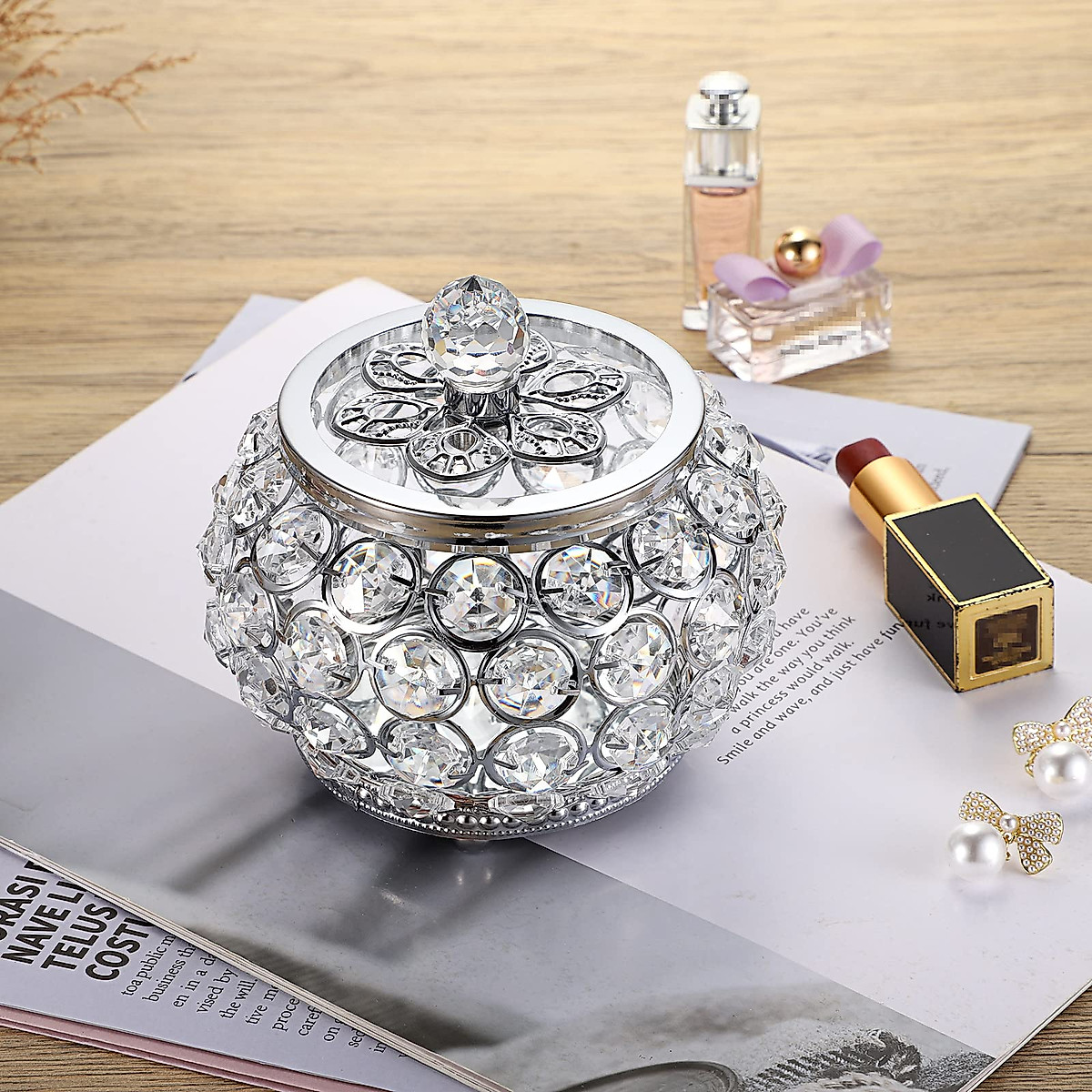 Hipiwe Crystal Jewelry Box with Glass Lid Small Trinket Organizer Mirrored Treasure Box Ring Holder Earrings Necklace Storage Box Keepsake Gift Box for Home Dresser Decor, Silver