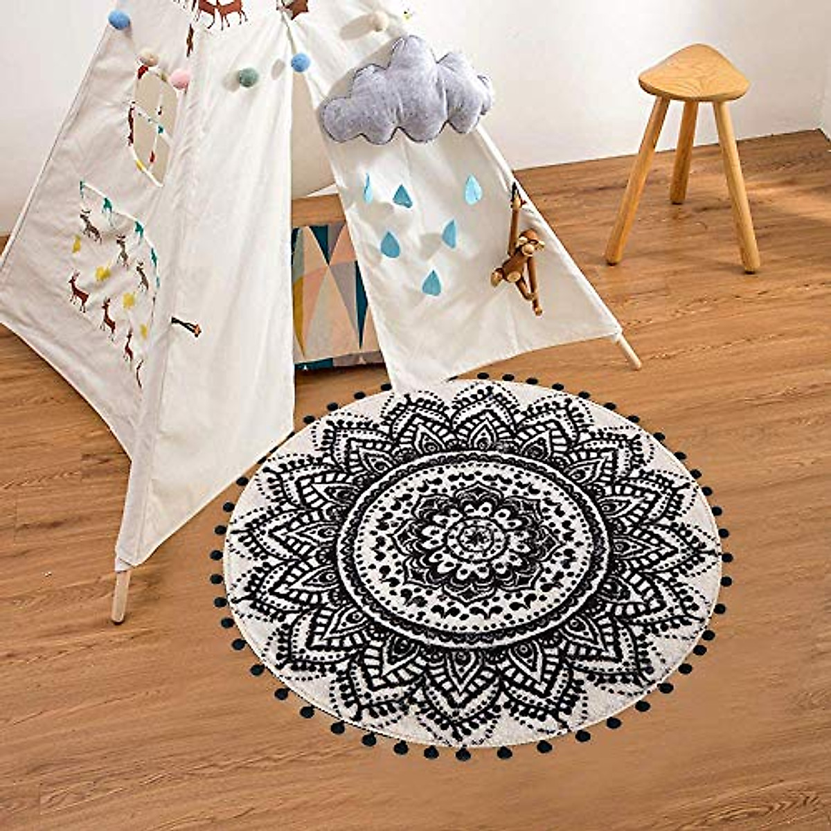 LIVEBOX Boho Bathroom Rug 2ft Machine Washable Black and Cream Small Mandala Round Area Rug with Chic Pom Pom Fringe Non-Slip Ultra Soft Throw Sofa Mat for Bedroom Playroom Kids Room
