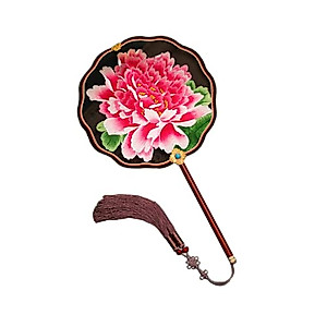 HangErFeng Chinese Round Fan Silk Double-sided Hand made Embroidered Palace Fan Peony Lotus 34 Red 2