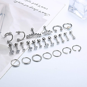 LOYALLOOK 25Pcs Cartilage Earrings Hoop Studs for Women 16-20G Labret Flat Ball Back Earrings Daith Tragus Helix Earrings