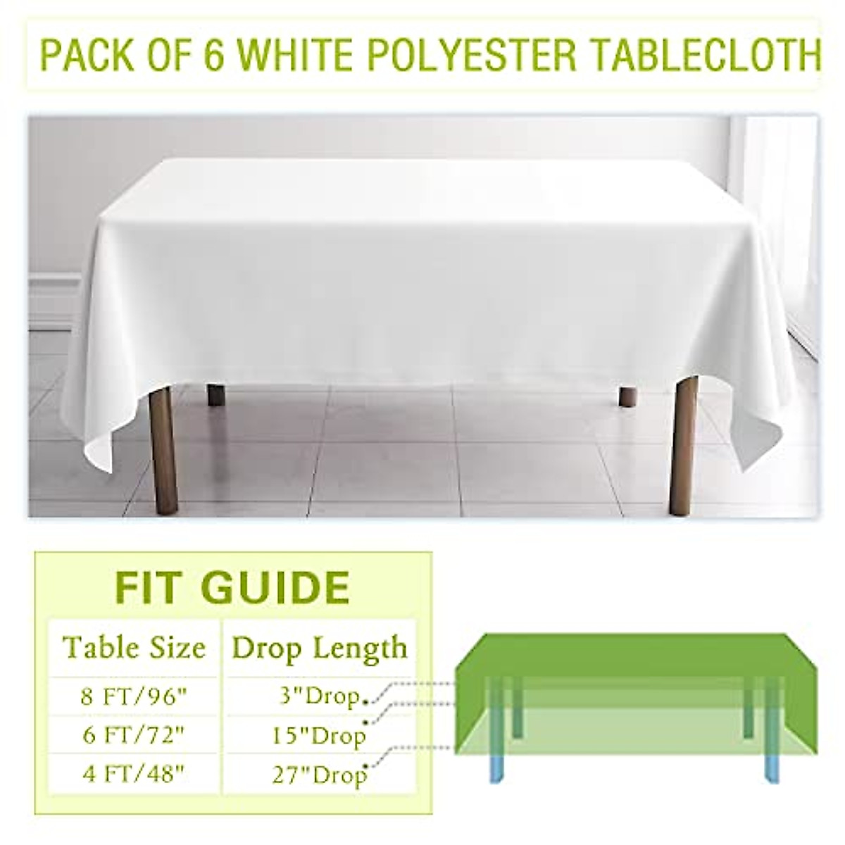 PlatolPro 6 Pack White Table Cloth Rectangle Table 60 X102 Inch White Table Cloths for Parties 6 Foot Manteles De Mesa De Tela para Fiestas Ideal for Wedding Receptions, Parties.（White, 6 Pack）
