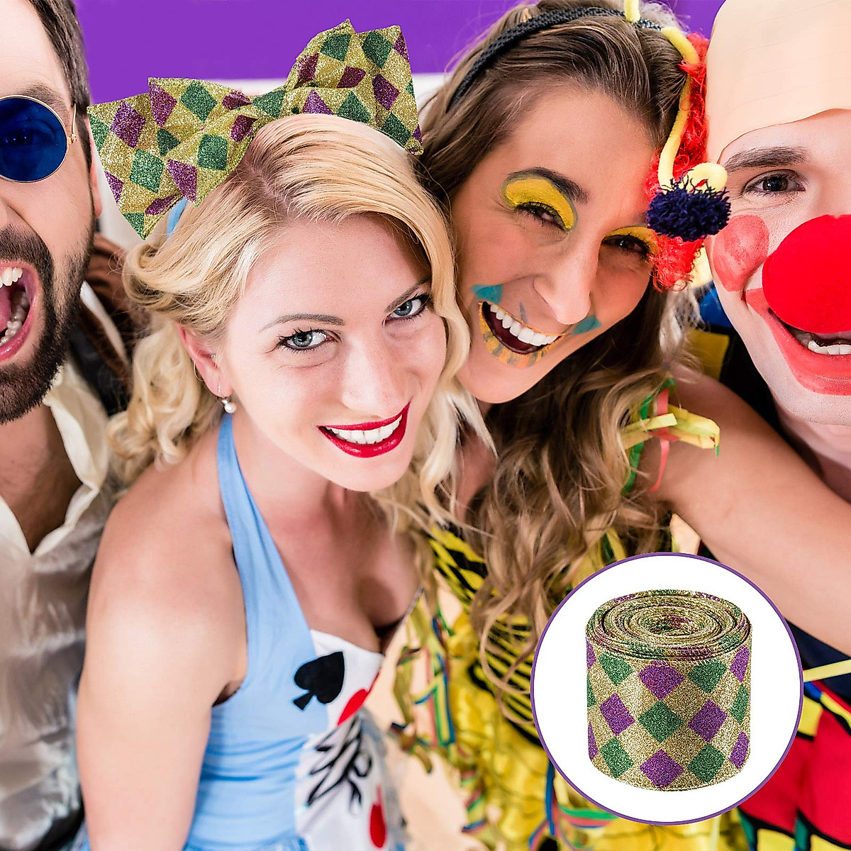 20 Yards Mardi Gras Wired Edge Ribbon Glitter Check Wired Ribbon Glitter Metallic Wrapping Ribbon for Mardi Gras Masquerade Wedding Birthday Party Decoration (2.5 Inch)