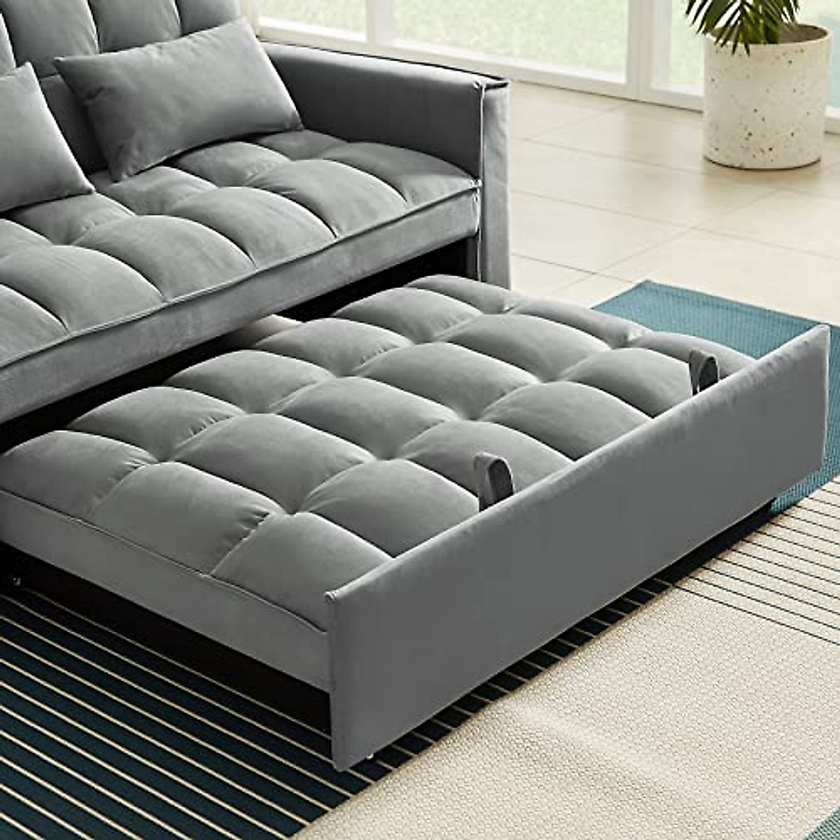 FULife Bed Convertible Sofa Pull-Out Sleeper, Loveseat Futon Sofá Chair w/Adjustable Reclining Backrests,Side Pockets&2 Pillows,Velvet Small Love Seat Lounge Couch, Grey-b