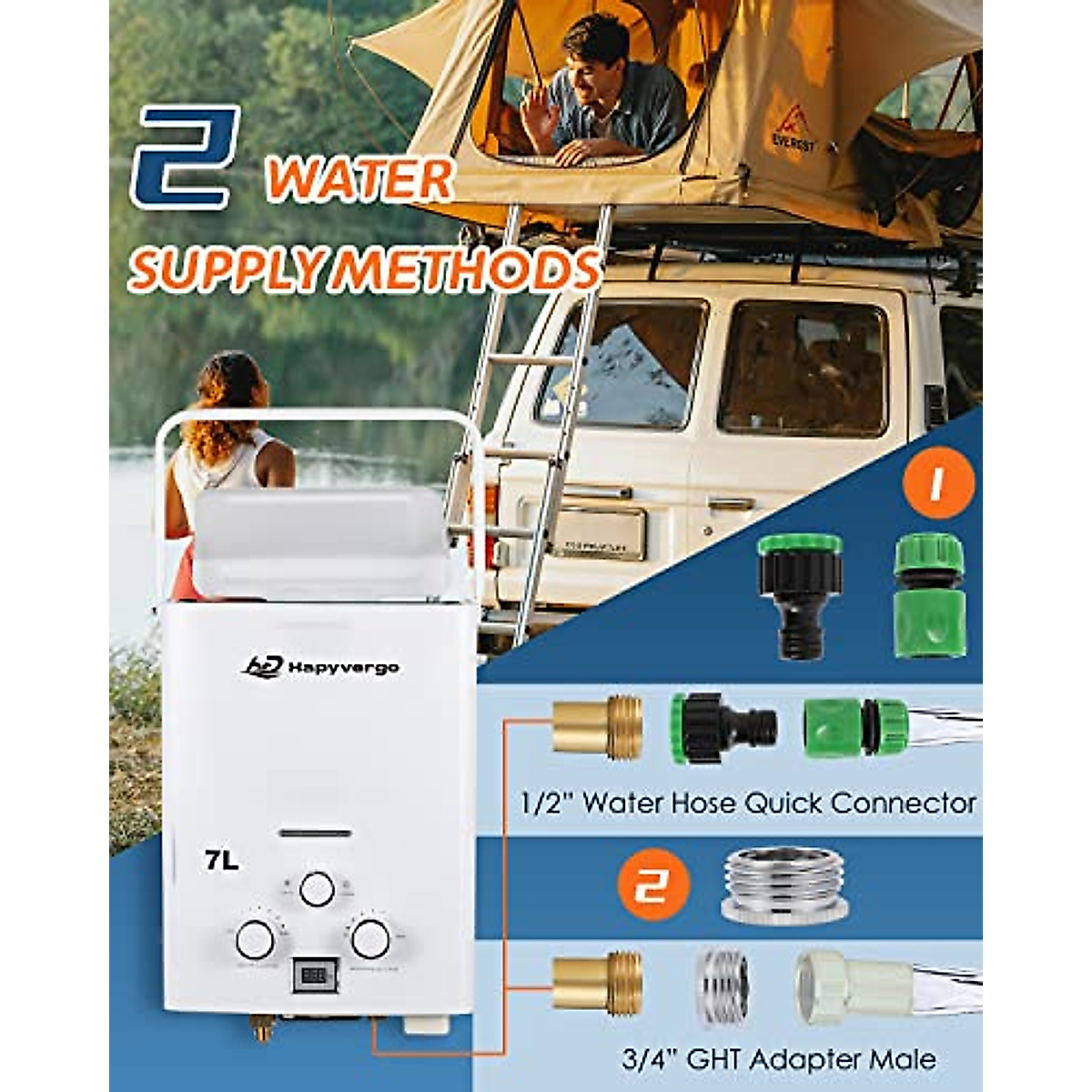 Hapyvergo 7L Portable Propane Gas Water Heater 1.85 GPM Outdoor Tankless Instant Hot Water Heater With Digital Display For Shower RV Camping Cabin Boat Barn