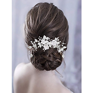 Unicra Flower Bride Wedding Hair Vine Pearl Bridal Hair Piece Leaf Hair Accessories Rhinestone Headband for Women and Girls (9inches) (Silver)