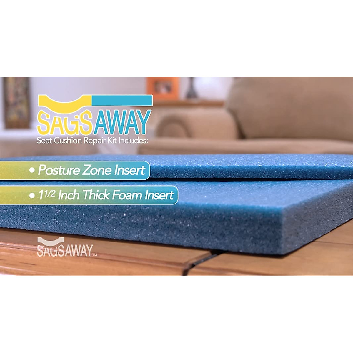 SagsAway 2Pk of Large 1.5in Thick Cushion Inserts and .5in Posture Zones for Support of 2 Saggy Seats. Military Grade Foam to Add Thickness and Delay Replacing Sofa, Measure for Size to Fit in Cover