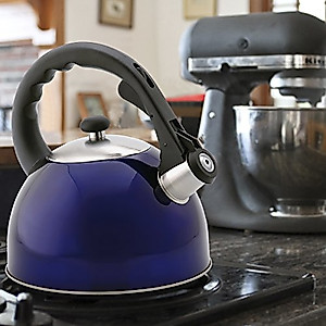 Creative Home Satin Splendor Stainless Steel Whistling Tea Kettle with Aluminum Capsulated Bottom for Even Heat Distribution, 2.8 Quart, Metallic Blue