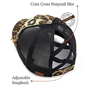 C.C Exclusives Washed Distressed Cotton Denim Criss-Cross Ponytail Hat Baseball Cap Bundle Hair Tie (BT-780)(BT-791) (A Elastic Band-Leopard)