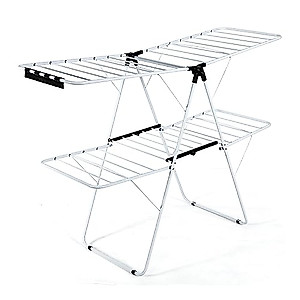 JADecor Home Clothes Drying Steel Rack, 2-Level Foldable Clothes Drying Rack with Adjustable Gullwing, 33 Drying Rails, Sock Clips, Freestanding Laundry Rack