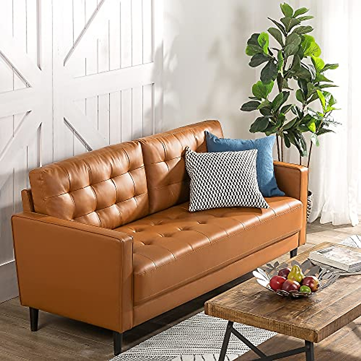 ZINUS Benton Faux Leather Sofa Couch, Easy, Tool-Free Assembly, Cognac