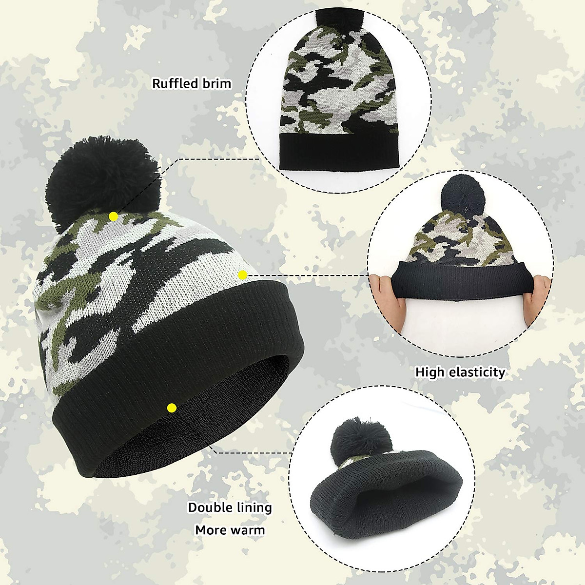 Evridwear 3 Piece Kids Children Boys Girls Magic Grip Winter Fall Gloves and Hat Set for Cool Cold Weather (Camo Black)