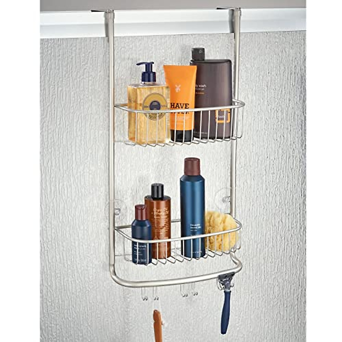 mDesign Stainless Steel Bath/Shower Over Door Caddy, Hanging Storage Organizer 2-Tier Rack with 6 Hooks and 2 Baskets - Holder for Soap, Shampoo, Loofah, Body Wash, Omni Collection, Satin