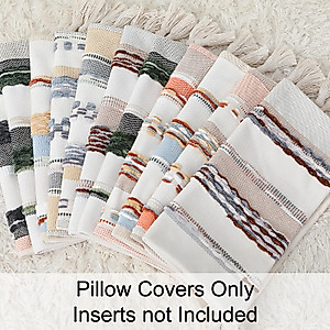 decorUhome Boho Decorative Throw Pillow Covers 18x18 Set of 2, Striped Chenille Tufted Pillow Covers with Tassels for Couch Bed Sofa, Cream White and Light Blue