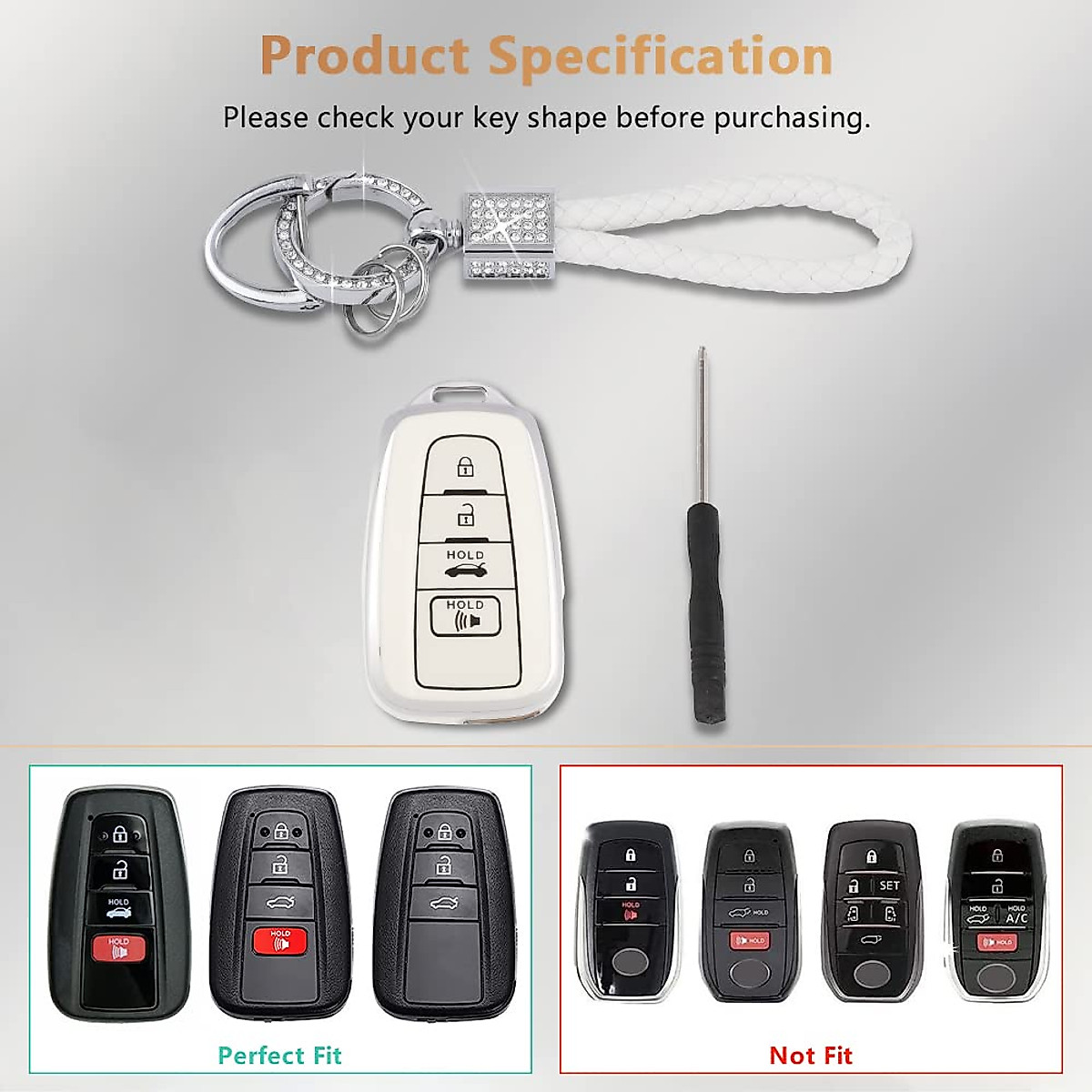 PIFOOG Key Fob Cover for Toyota Camry RAV4 Corolla C-HR Avalon Highlander Prius Smart Keys Case Shell Protector Bling Keychain Accessories 4 Button TPU Girly Women White Silver