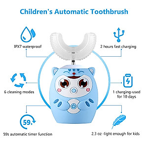 Kids U Shaped Electric Toothbrush U Shaped Automatic Toothbrushes 360° Cleaning with Six Smart Modes Auto Whitening Toothbrush IPX7 Waterproof Design for Toddler Children (2-7 Age (Blue))