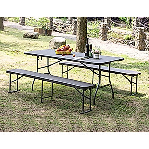 Lakhow 180 6-Foot Brown Wood Grain Folding Table Indoor and Outdoor Picnic, Barbecue, Party, Portable Folding Table with Handle, 6ft