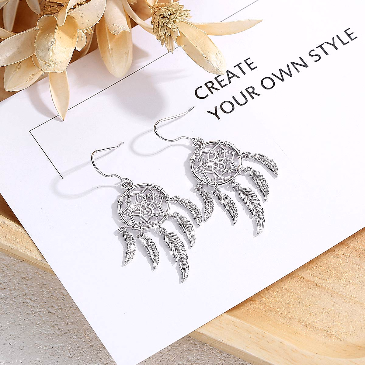 INFUSEU Sterling Silver Dream Catcher Feather Tassel Dangle Earrings for Women Ladies, Tribal Amulet Boho Bohemian Charms Fashion Jewelry