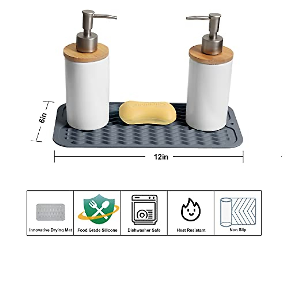 ZLR Silicone Dish Drying Mat for Kitchen Counter- Eco Friendly Food Grade Silicone Drying Mat - Easy to Clean Heat Resistant Multiple Usage Dish Mat - Extra Small (6 inches x 12 inches) - Gray