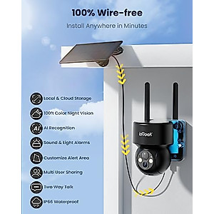 ieGeek Security Cameras Wireless Outdoor - Smart 2K Solar WiFi Camera System with 360°PTZ for Home Surveillance, Battery Powered Cam with Night Vision, Motion Sensor, Spotlight, AI, Works with Alexa