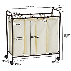 Household Essentials 7173 Rolling Quad Laundry Sorter with Removable Hamper Bags | Antique Bronze Frame